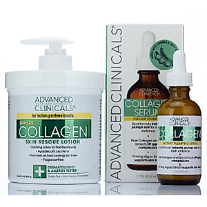Advanced Clinicals Collagen Cream + Collagen Serum 2PC Set Bundle | Face Serum & Body Cream Moisturizer Lotion Plumping Skin Care Set & Kits For Wrinkles, Uneven Skin Tone, & Dry Skin, Fragrance Free