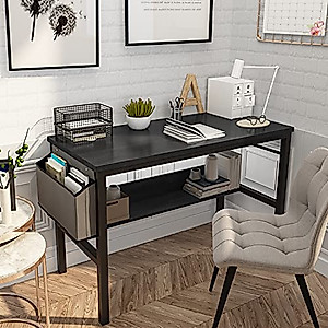 AWQM Modern Home Office Desk, Computer Desk with Side Bag, Storage Shelves and Iron Hook, Work Table, Study Writing Table, Gaming Desk, Workstation for Small Spaces, Black
