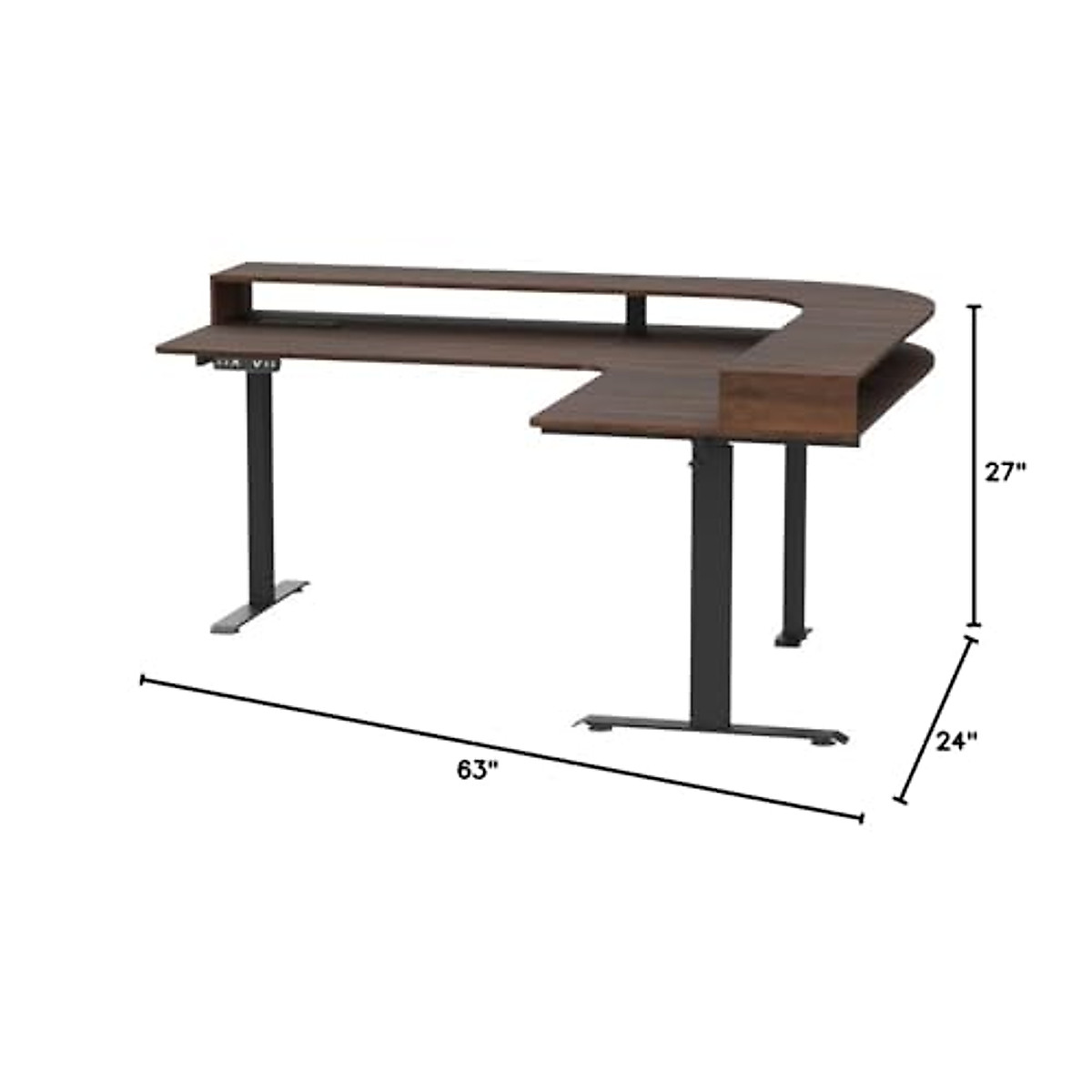 FEZIBO Triple Motor L Shaped Stadning Desk with LED Strip & Power Outrlets，63 inches Height Adjustable Stand up Corner Desk with Ergonomic Monitor Stand, Black Frame/Black Walnut Top