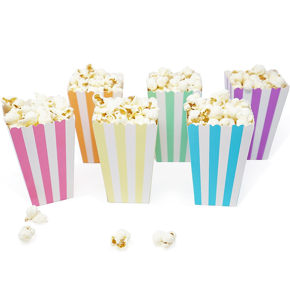 Chloe Elizabeth Mini Popcorn & Candy Favor Treat Boxes For Birthday, Bridal and Baby Shower - Assorted Striped Design - 36 Count (Rainbow Pastel Mix)