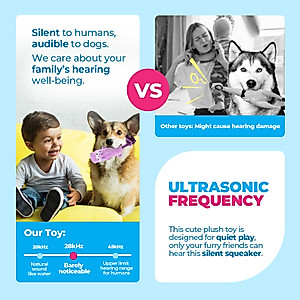 ALL FOR PAWS Ultrasonic Silent Squeaker Dog Toy, Quiet Puppy Toy Comfort Plush Toy Dog Cuddle Toys, Squeakerless Dog Toy with Cute Animal Designs, Ideal for Home and Office