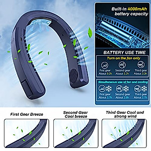 Neck Fan Portable Neck Air Conditioner Rechargeable 4000mAH Battery, Bladeless Neck Fans Neck Cooler for Women Man Personal Fan for Your Neck Cooling Device 3 Speeds Fan and Semiconductor Cooling Chip