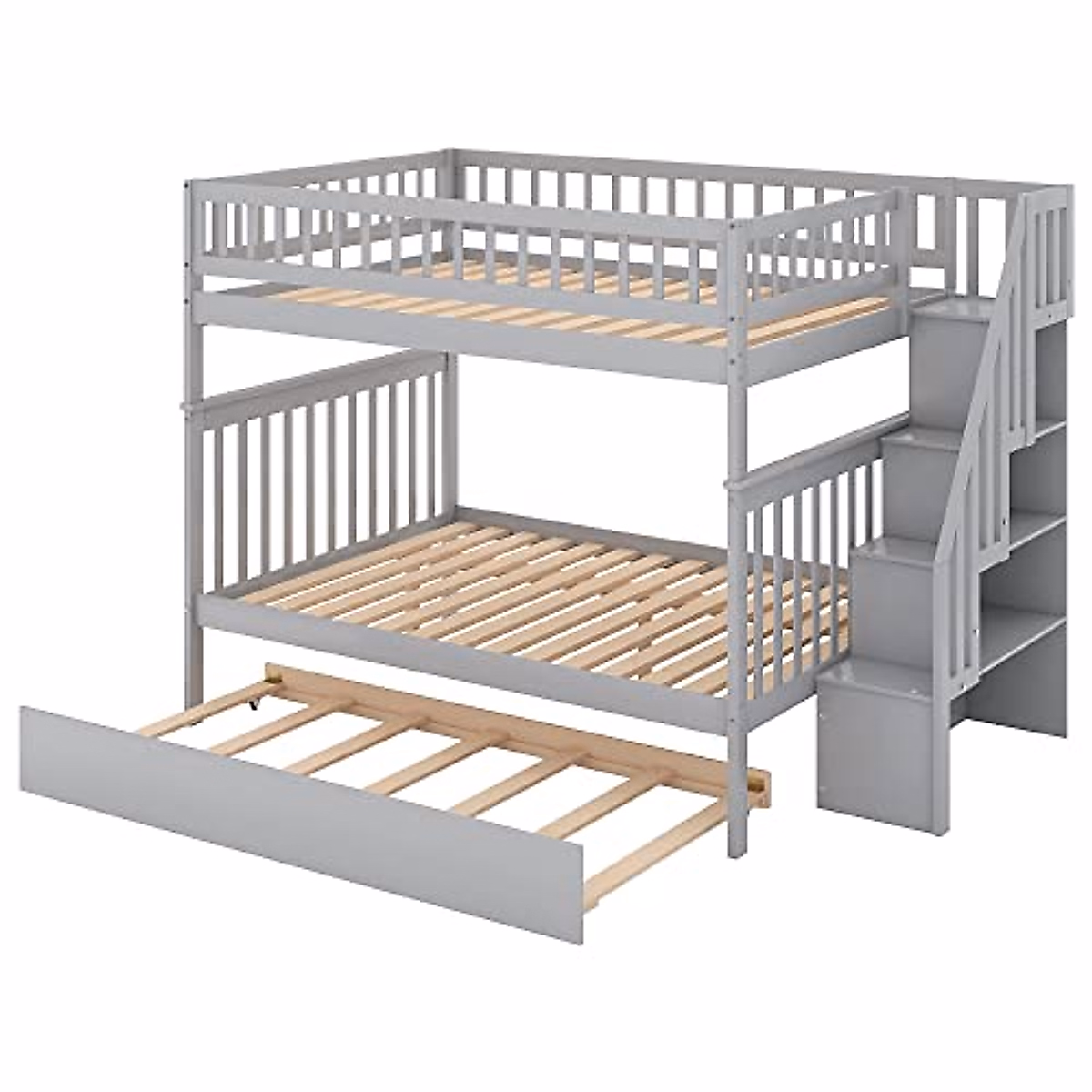 UBGO Full Over Full Bunk Bed with Pull Out Trundle Bed and Storage Stairs, Safety Rails, Full Size Bunk Bed for Kids Teens Adults, Space Saving, Easy to Assemble, Grey