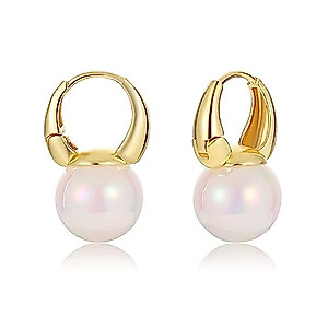 Gold Hoop Pearl Earrings Dangle Huggie Earrings for Women Pink Pearl Hoop Earrings for Wedding Dating