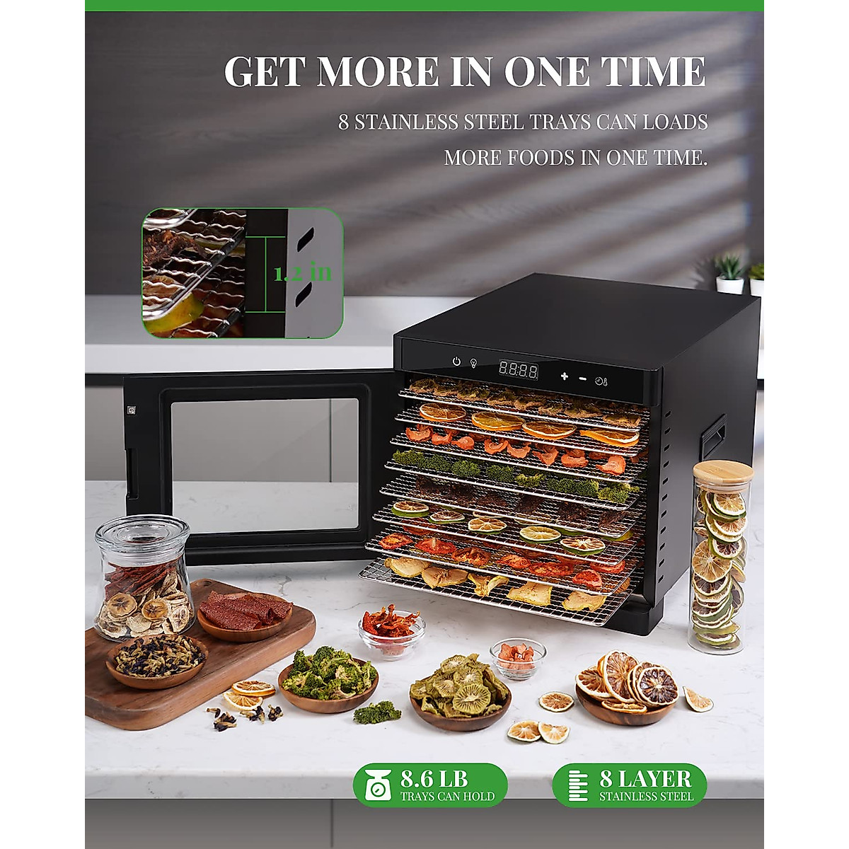 Stainless Steel GDOR Food Dehydrator with 8 Trays, Digital Adjustable Timer & Tempe Control Food Dryer Machine for Jerky, Vegetable, Fruit, Meat, Dog Treat, Herb, and Yogurt, Include More Accessories