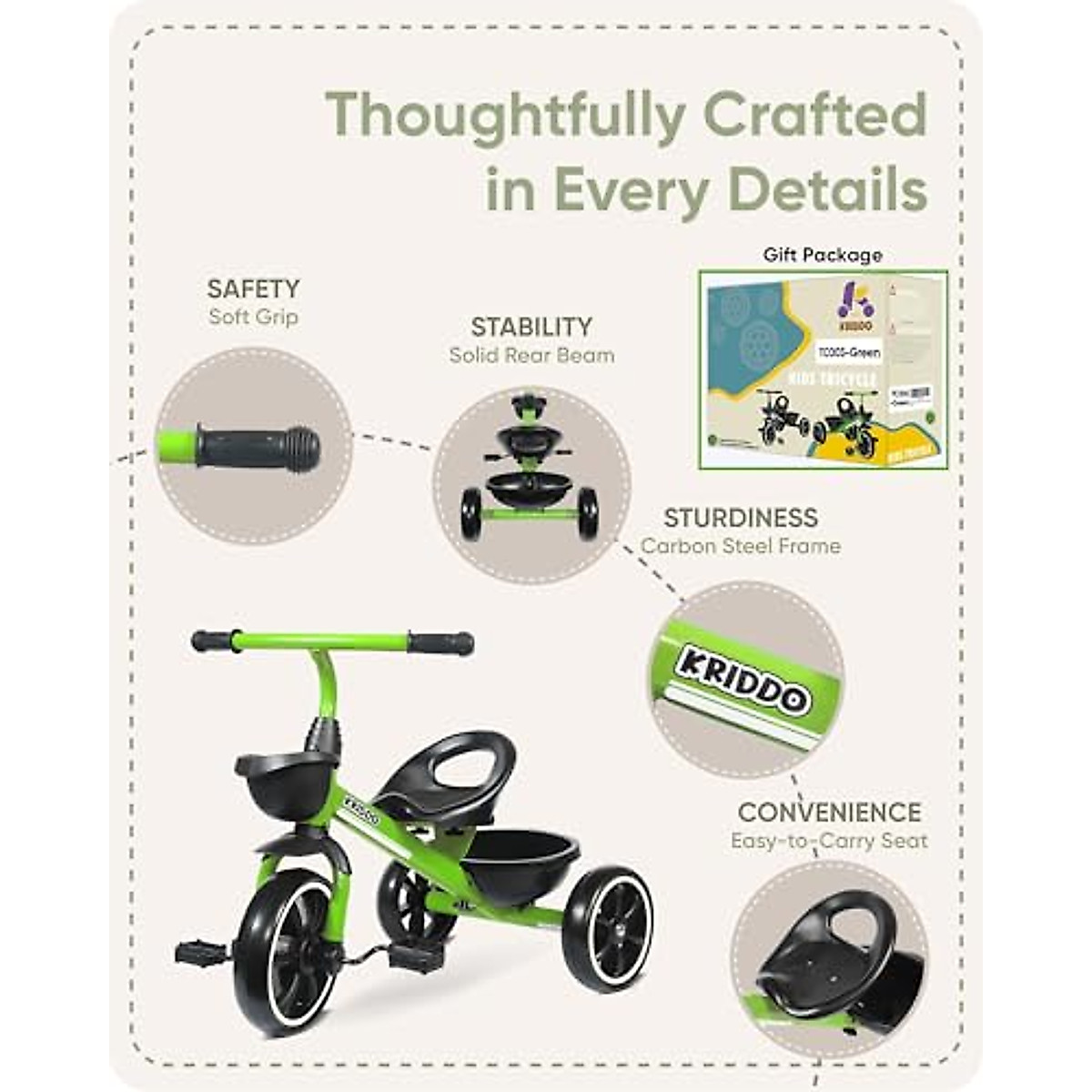 KRIDDO Tricycles Age 24 Month to 4 Years, Toddler Kids Trike for 2.5 to 5 Year Old, Gift for 2-4 Year Olds , Green