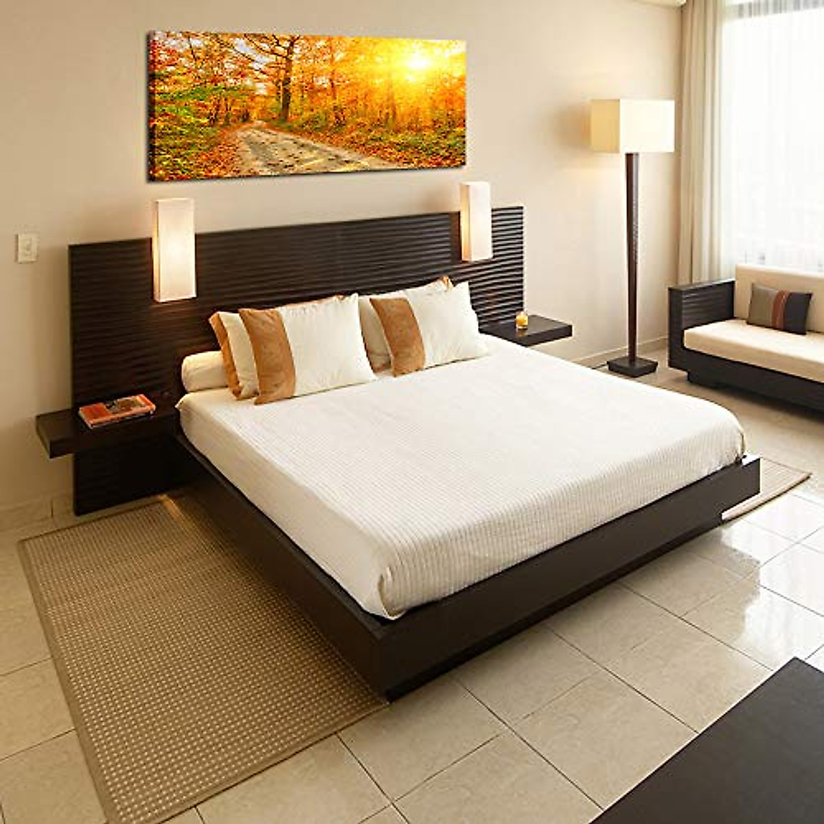 Kreative Arts Large Wall Art Fall Scenery Canvas Prints Panorama Forest in Vibrant Warm Colors Sun Shining Through Leaves Pictures Autumn HD Printed Painting Framed Art Works Home Walls 48x20