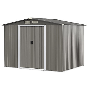 IRONMAX Outdoor Storage Shed with Floor, 8x6 FT Galvanized Steel Large Garden Shed w/Lockable Sliding Doors & Air Vent, Heavy Duty Tool Storage House for Backyard Patio Lawn