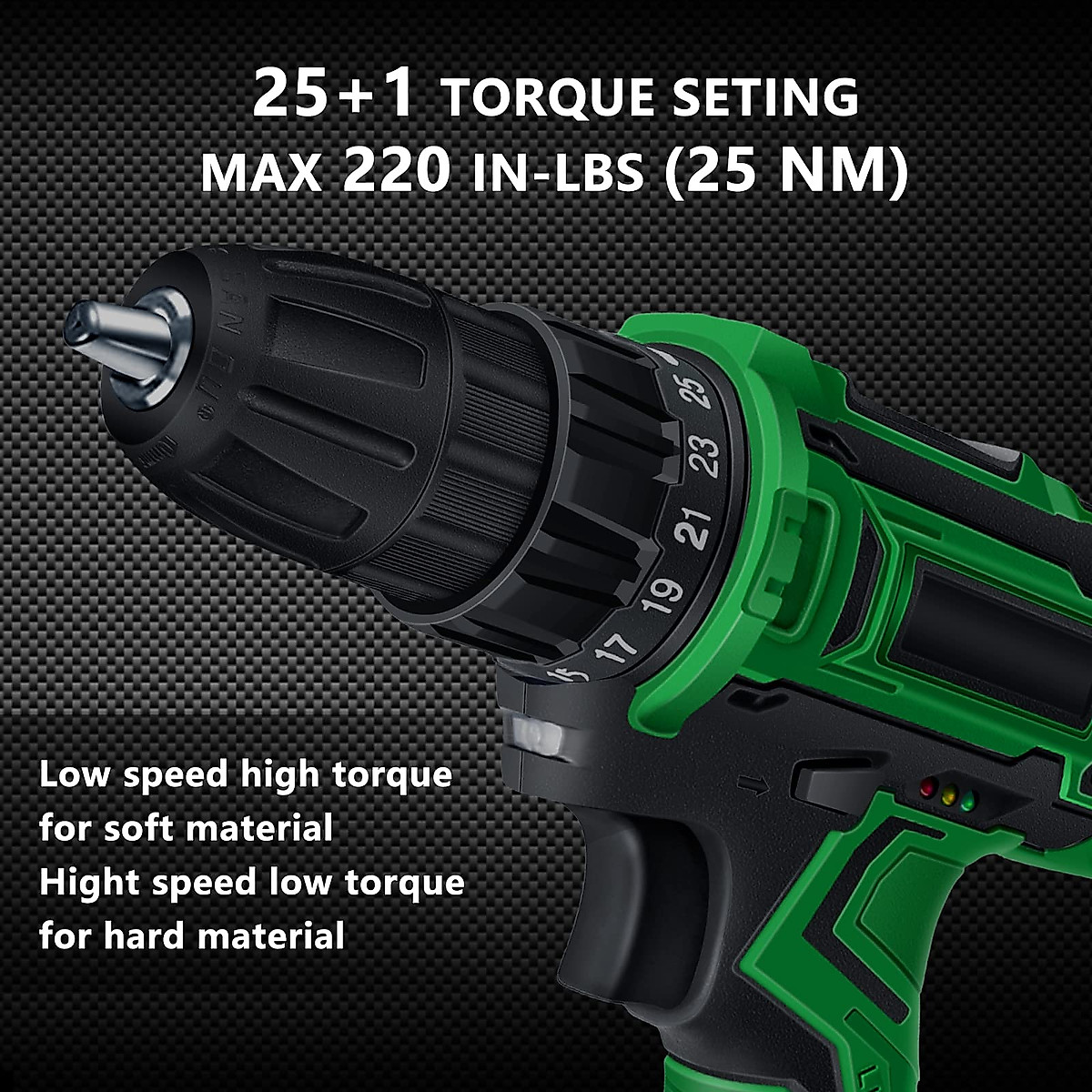 Cordless Drill Driver Set 21V, Power Drill Cordless 23PCS with Batteries 1500mAh, 25+1 Torque Hammer Drill, 3/8" Chuck, 2 Speed, 0-600 RPM/0-1300 RPM Variable Speed, LED Light for Home