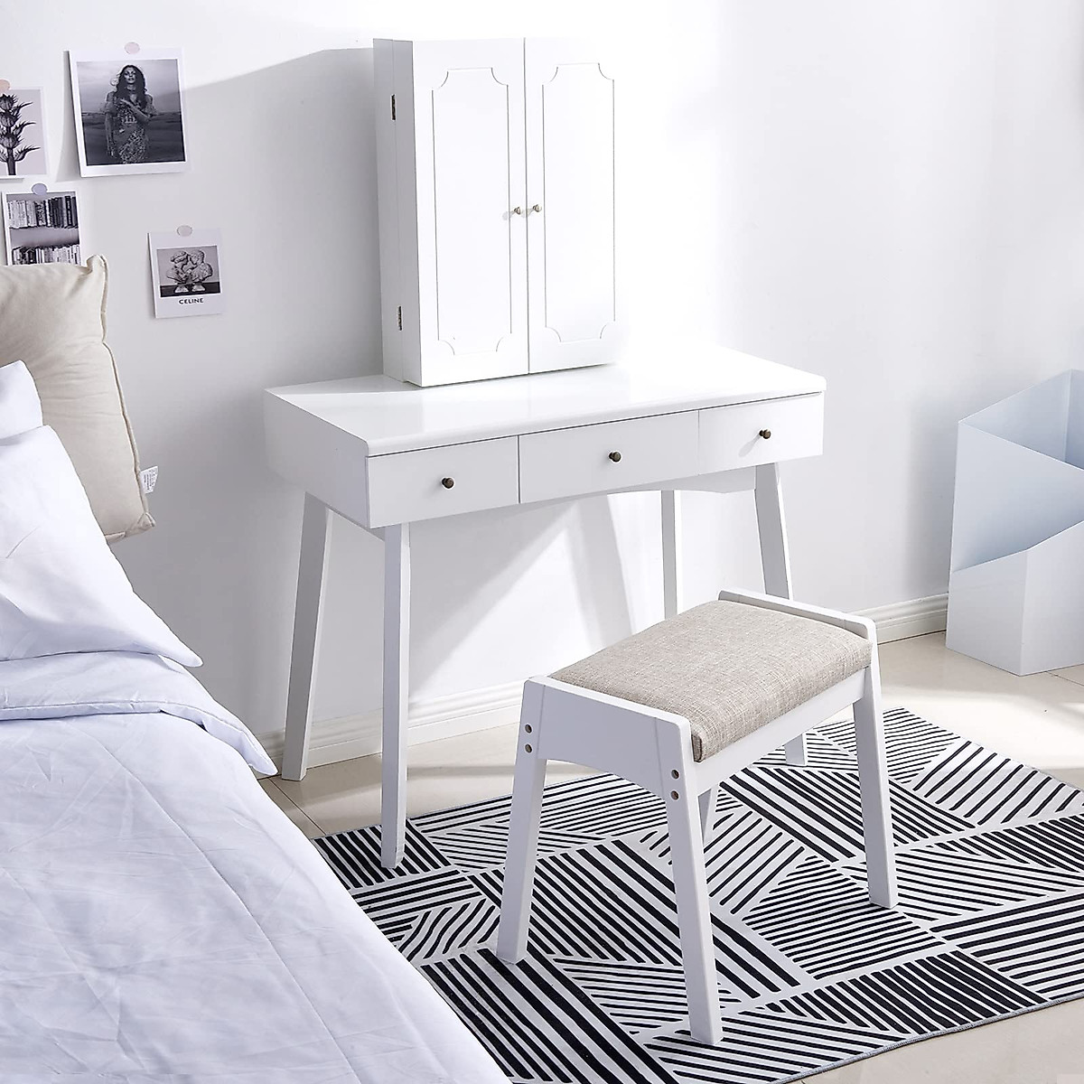 BEWISHOME Vanity Stool, Bedroom Vanity Chair with Large Surface Upholstered Seat, Vanity Bench, Desk Stool Makeup Chair,18” Height Makeup Bench Stool Chair, Stool for Vanity Makeup Stool White FSD05W