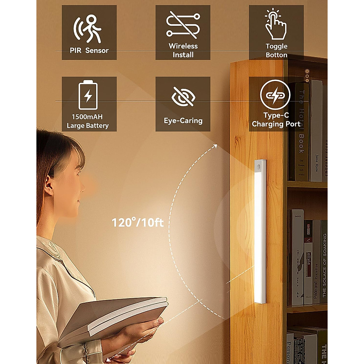 9in Motion Sensor Under Cabinet Lights Wireless, 1500mAh Battery Operated Counter Light Rechargeable Type-C USB,Ultra Thin Cabinet Lighting for Kitchen,Bedroom,Stair,Wardrobe,Cupboard(Warm White) 2Pcs