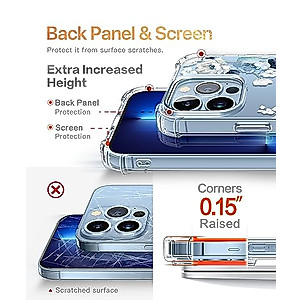 GVIEWIN for iPhone 13 Pro Case with Screen Protector & Camera Lens Protector, [10FT Military Grade Drop Protection] Clear Shockproof Slim Fit Floral Phone Case for Women Girls (Rosa Chinensis/Blue)