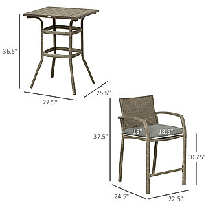 Outsunny 3 PCS Rattan Wicker Bar Set with Wood Grain Top Table and 2 Bar Stools for Outdoor, Patio, Poolside, Garden, Grey