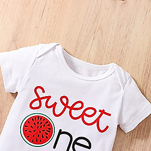 Baby Girl First Birthday Outfit Sweet One Fruit Short Sleeve Romper Top Flare Pants Headband 3Pcs Cake Smash Clothes (Watermelon, 6-12 Months)