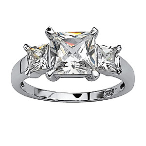PalmBeach Platinum-plated Sterling Silver Princess Cut Cubic Zirconia 3-Stone Bridal Ring Sizes 6-10 Size 7