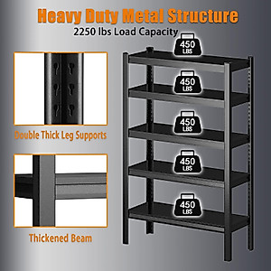 SDXYSTCE 40" W Garage Shelving Heavy Duty, 2250LBS Loads Garage Storage Shelves Heavy Duty, 5-Tier Metal Shelving Units and Storage Racks, Industrial Utility Shelf,40" Wx18 Dx72 H, Black