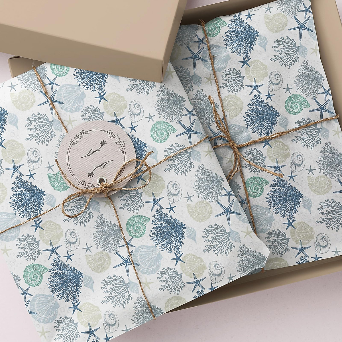 Whaline 100 Sheets Ocean Tissue Paper Sea Shell Starfish Gift Wrapping Paper Coastal Beach DIY Art Craft Tissue Paper for Summer Wedding Birthday Baby Shower Supplies, 13.7 x 19.6 Inch