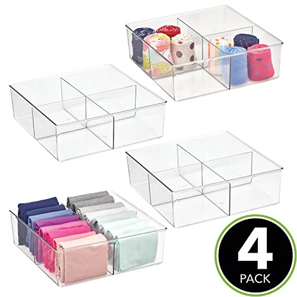 mDesign Plastic 4 Compartment Divided Drawer and Closet Storage Bin - Organizer for Scarves, Socks, Ties Bras, and Underwear - Dress Drawer Organizer, Shelf Organization - 4 Pack - Clear