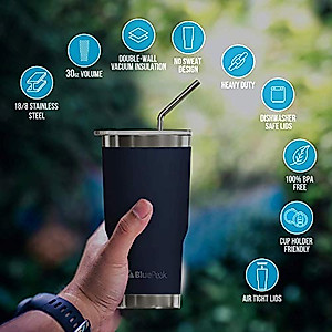 BluePeak Double Wall Vacuum Stainless Steel Insulated Tumblers Set, 2-Pack - Includes 2 Sipping Lids, 2 Spill-Proof Sliding Lids, 2 Straws, 1 Cleaning Brush & Gift Box (30 oz, Navy)