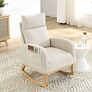 Krinana Nursery Rocking Chair with Solid Wood Legs, Glider Chair for Nursery with Two Side Pockets, Rocker Armchair for Living Room Bedroom (Beige, Linen Fabric)