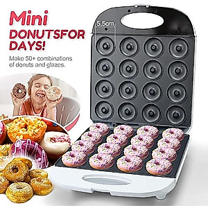 Mini Donut Maker,Mini pancakes maker Machine for Breakfast, Snacks, Home Bakery Dessert Shop Mall Dessert Shop and More & More with Non-stick Surface,Double-sided Makes 16 Doughnuts -(US 110V) White