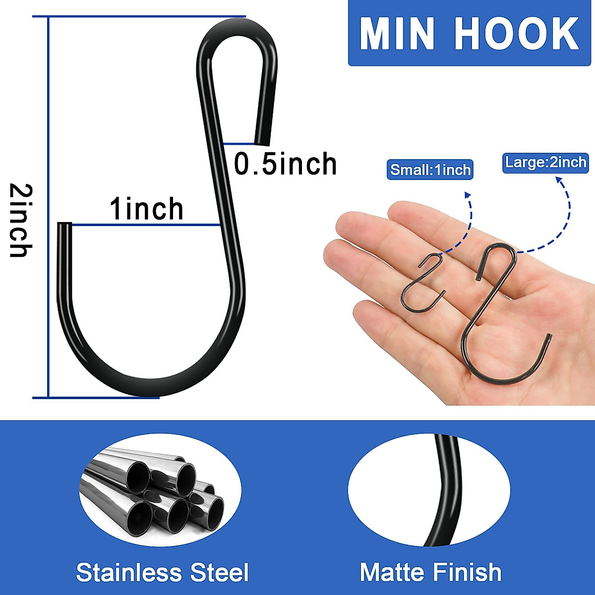 2 Inch Small S Hooks for Hanging, Heavy Duty Black S Hooks,Ornament Hooks for Christmas, 30 Pack Mini S Hooks for Hanging Plants, Necklaces,Pots Pans Mugs Clothes Towels Kitchen Closet Rod Jewelry