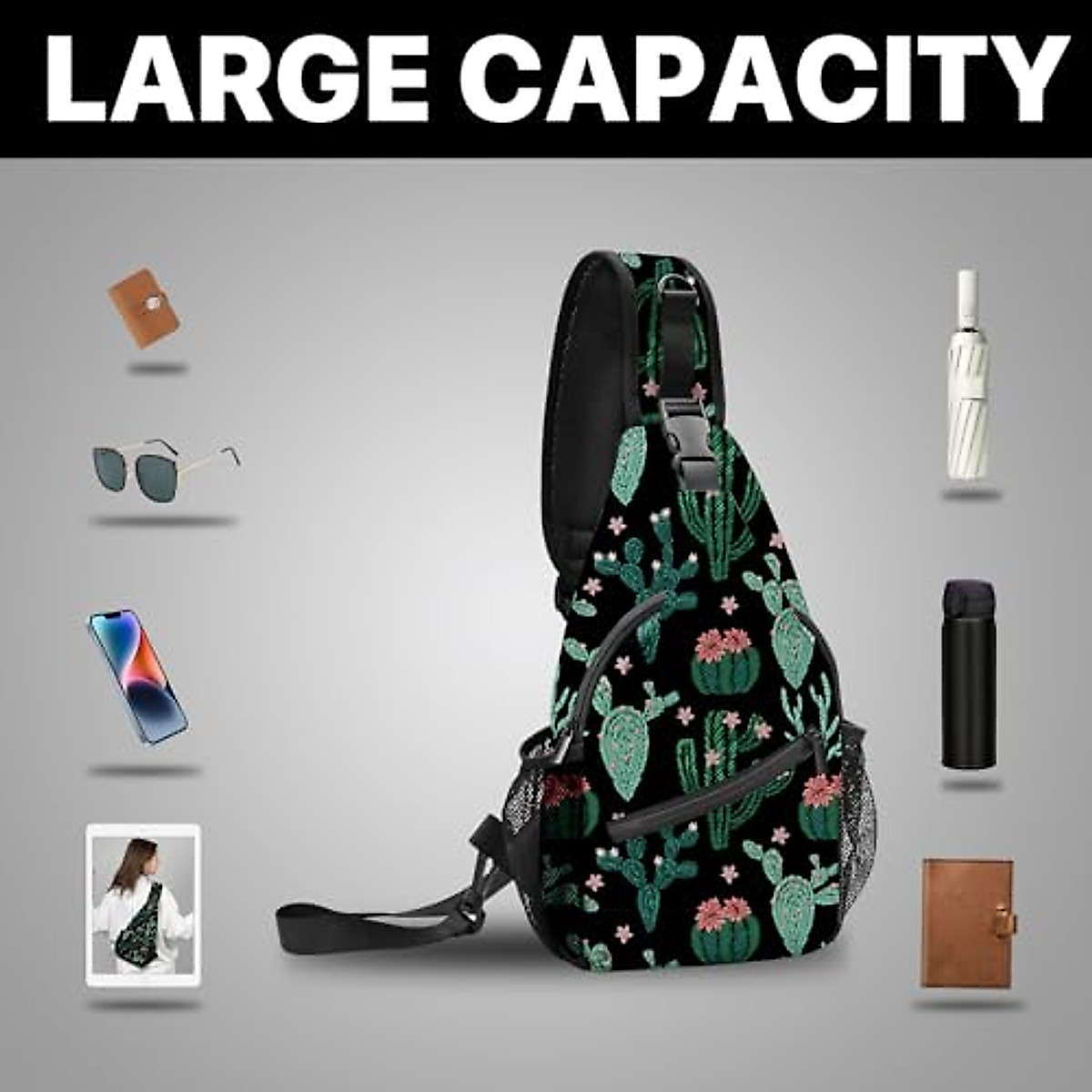 Yrebyou Cactus Sling Bag for Women Crossbody Backpack Travel Shoulder Hiking Bags Waterproof Daypack For Beach Outdoor Camping