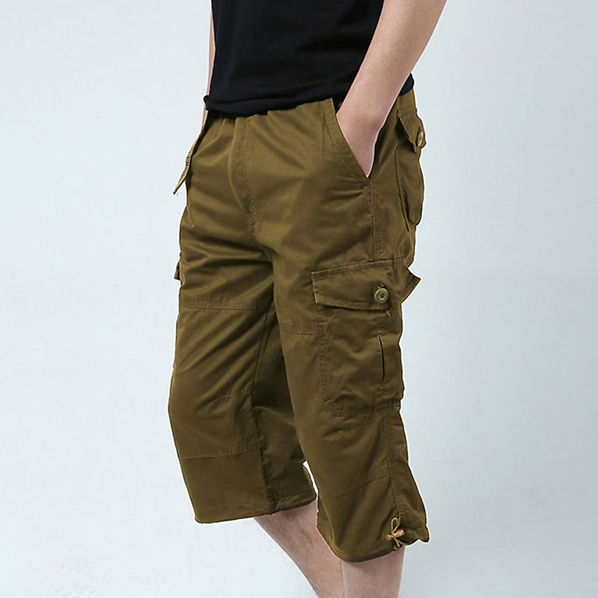 Men's Relaxed Fit 3/4 Cargo Shorts Twill Elastic Waist Multi Pocket Capri Pants Casual Loose Fit Below Knee Short (Yellow,Large)