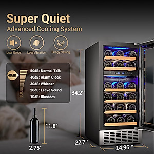 AAOBOSI 28 Bottles Wine Fridge, 15 Inch Dual Zone Wine Cooler with 6 Adjustable Shelves and Safety Lock, Digital Touch Screen, Low Noise Compressor Wine Refrigerator, Temperature Memory Function