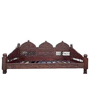 Worldcraft Industries Carved Arch DayBed. Medium Antique Finish. Twin XL Size. Handmade from Solid Mahogany Wood. Designed, Produced and Imported Indian Inspired Day Bed Sofa.