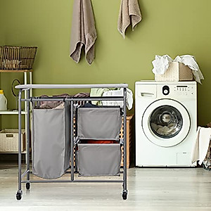 HollyHOME Laundry Hamper with Shelf 3 Section Laundry Sorter Cart with Wheels and Ironing Board Laundry Basket Shelf Organizer with Table Top 2 Drawers Grey