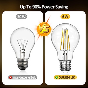 Dimmable A19 Clear LED Light Bulbs 60W Equivalent, 2700K Soft Warm White Light Bulbs 6W E26 Base, Antique Clear Glass Bulb for Living Room Bedroom Outdoor, 6Packs