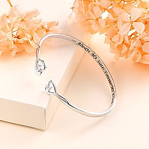 DAOCHONG Sister Gift Sterling Silver Engraved Always My Sister Forever My Friend Double Love Heart Cuff Bangle