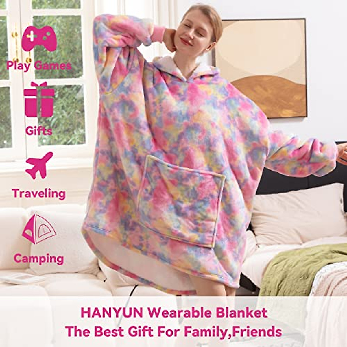 HANYUN Wearable Blanket Sweatshirt for Women and Men,Oversized Sherpa Fleece Blanket Hoodie with Giant Pocket Super Warm and Cozy