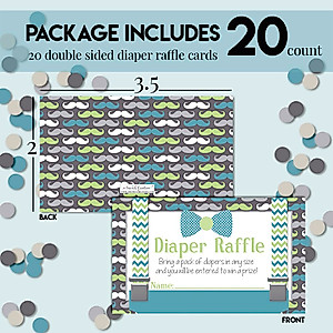 Amanda Creation Little Man Bow Tie, Mustache, & Suspenders Themed Diaper Raffle Tickets for Boy Baby Showers, 20 2" X 3” Double Sided Inserts, Bring a Pack of Diapers to Win Favors &