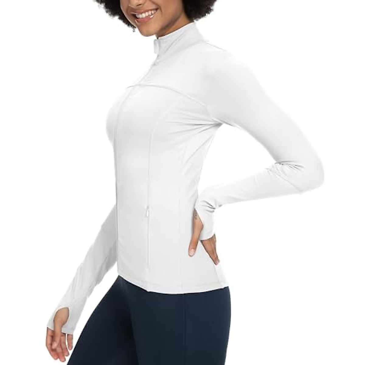 QUEENIEKE Womens Sports Jacket Turtleneck Slim Fit Full-Zip Running Top Size M White