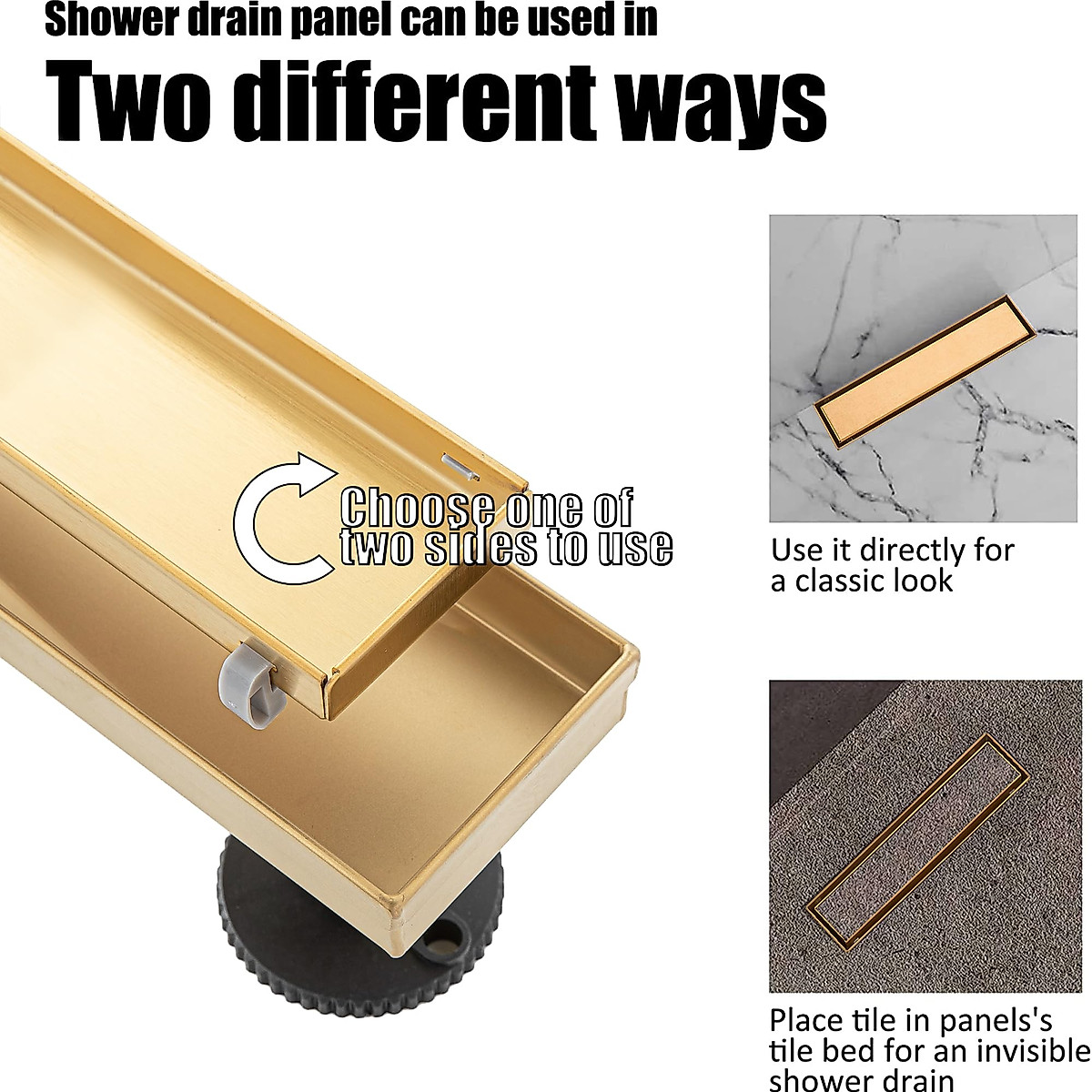 24 inch Linear Shower Drain with Removable Square Hole Panel by Using Brushed 304 Stainless Steel Process, Linear Drain Equipped with Adjustable Feet and Hair Strainer(Brushed Gold Color)