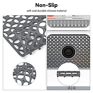 Kitchen Sink Mats, TOOVEM 2PCS Non-Slip Heat Resistant Silicone Sink Protector Mat for Bottom of Stainless Steel Porcelain Sink, Folding Farmhouse Rear Drain Sink Mats, Center Drain