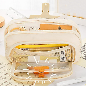 YESBAY Clear Window Pen Bag Pencil Case Pouch Pen Case Organizer Large Capacity Multi-Pocket Portable Zipper Unisex Pencil Stationery Pouch Case for Pen, Pencil, Cosmetic, Gadget, Stationary Beige