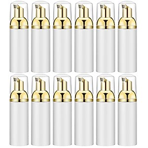 IRON BILL 2 Oz Empty Foam Pump Bottle (12PCS) Travel Foaming Soap Dispenser for Hand Soap, Lash Shampoo Cleanser (White&Gold)