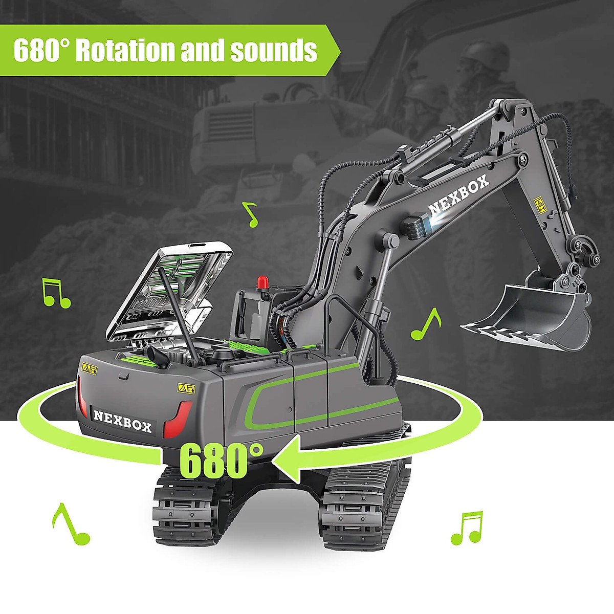 NEXBOX Remote Control Excavator Toys for Boys, RC Construction Equipment Vehicles for Kids Age 4-7 8 9 10 Year Old, Best Birthday Gifts Ideas, with Metal Shovel, 2.4Ghz