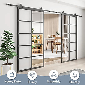 JUBEST Double Barn Door 84 x 84 in with 14FT Hardware Kit, 2 Sets of 42x84 in Clear Tempered Glass Aluminum Frame Barn Door,Pocket Interior Door, Easy Assembly，Black Top-Mounted Hardware