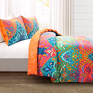 Lush Decor Boho Chic Reversible 3 Piece Cotton Duvet Cover Set, Full/Queen, Turquoise & Navy