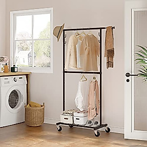 Gewudraw Clothing Garment Rack, Extendable Clothes Rack with Wheels, Bottom Shelves and Hooks, Double Rod Garment Rack Portable Closet Organizer, 64.4 inches