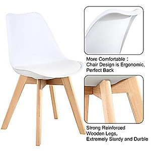 LSSBOUGHT Mid Century Modern Dining Chairs,Shell Lounge Plastic Side Chair with Soft Padded and Wooden Legs for Dining Room Living Room Bedroom Kitchen Set of 2 (White)