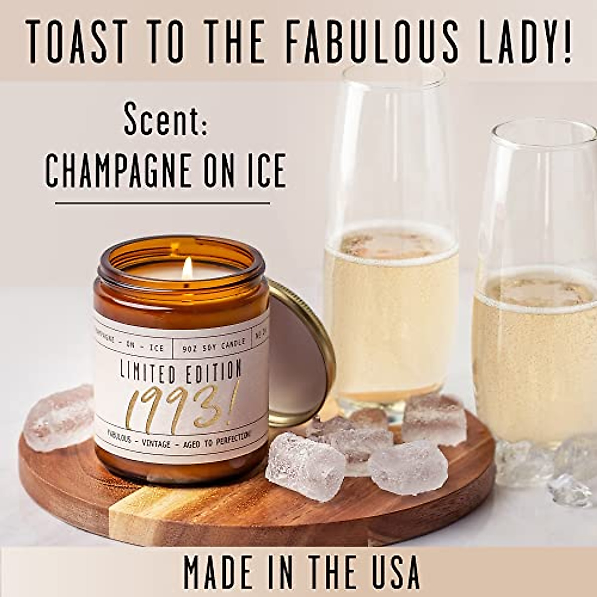 30th Birthday Gifts for Her - 'Limited Edition 1993' Soy Candle, w/Champagne on Ice I 1993 Birthday Gifts for Women I 30th Birthday Gifts for Women I 9oz Reusable Jar, 50Hr Burn, Made in USA