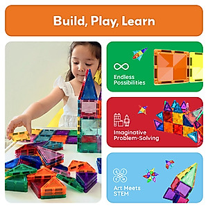 PicassoTiles 100 Pieces Magnetic Tiles Building Blocks Mini Size Diamond Series Magnet Toys Travel Size On-The-Go Construction Sensory Toys Gifts Educational Set STEM Learning Kit Playset PTM100