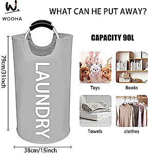 WOOHA 90L Large laundry basket,Collapsible laundry hamper, Tall Clothes Baskets Folding Washing Bin Foldable Fabric Hamper Bags for Bedroom, Closet,Bathroom,College,laundry bag, lightgrey