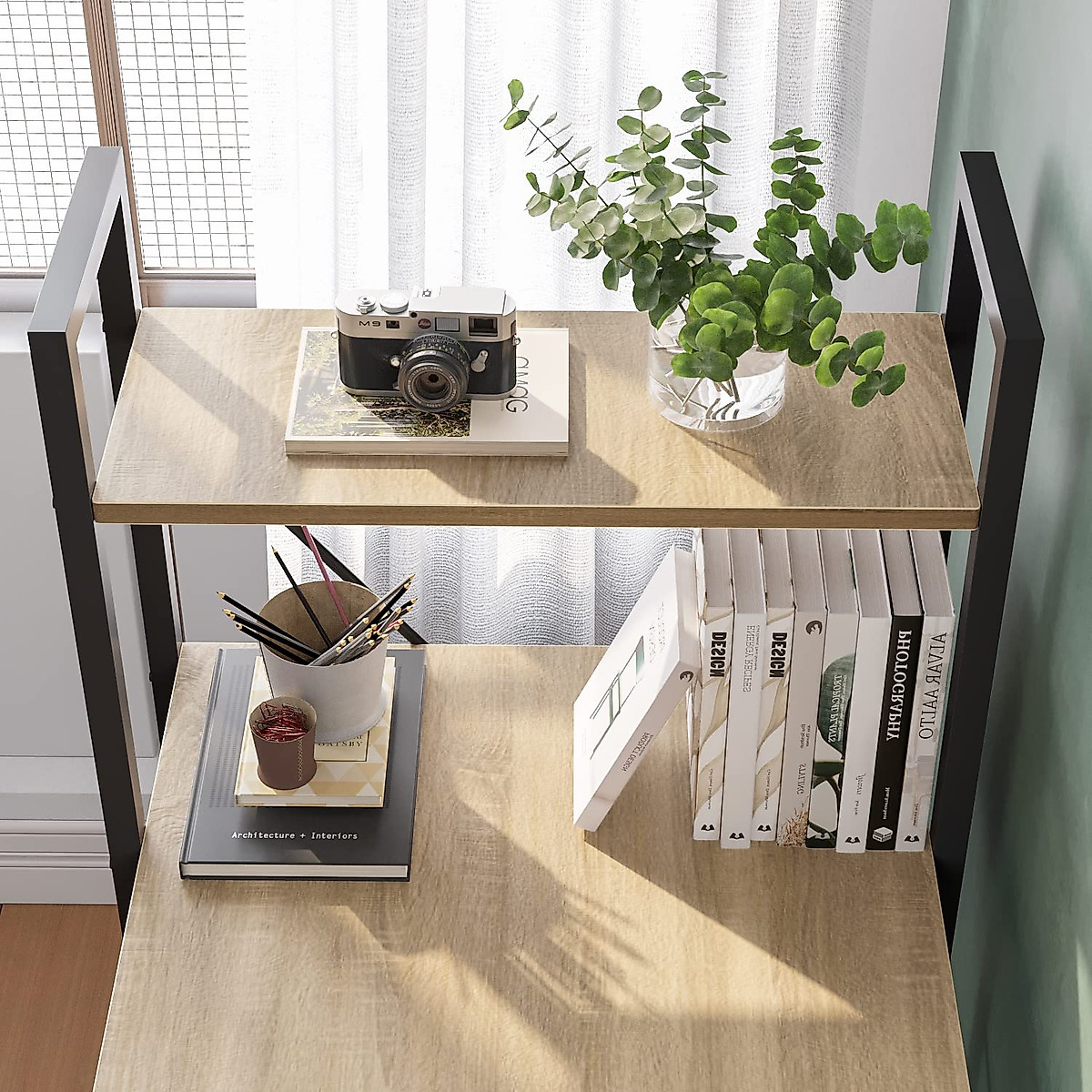 Bestier 47 Inch Computer Desk with Adjustable Shelves, Simple Writing Desk with Reversible Bookshelf and Metal Legs for Home Office and Studio, Oak