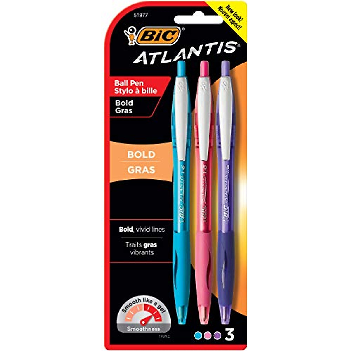 BIC Atlantis Bold Retractable Fashion Ballpoint Pen, Bold Point (1.6mm), Black, Comfortable Rubber Grip, 3-Count